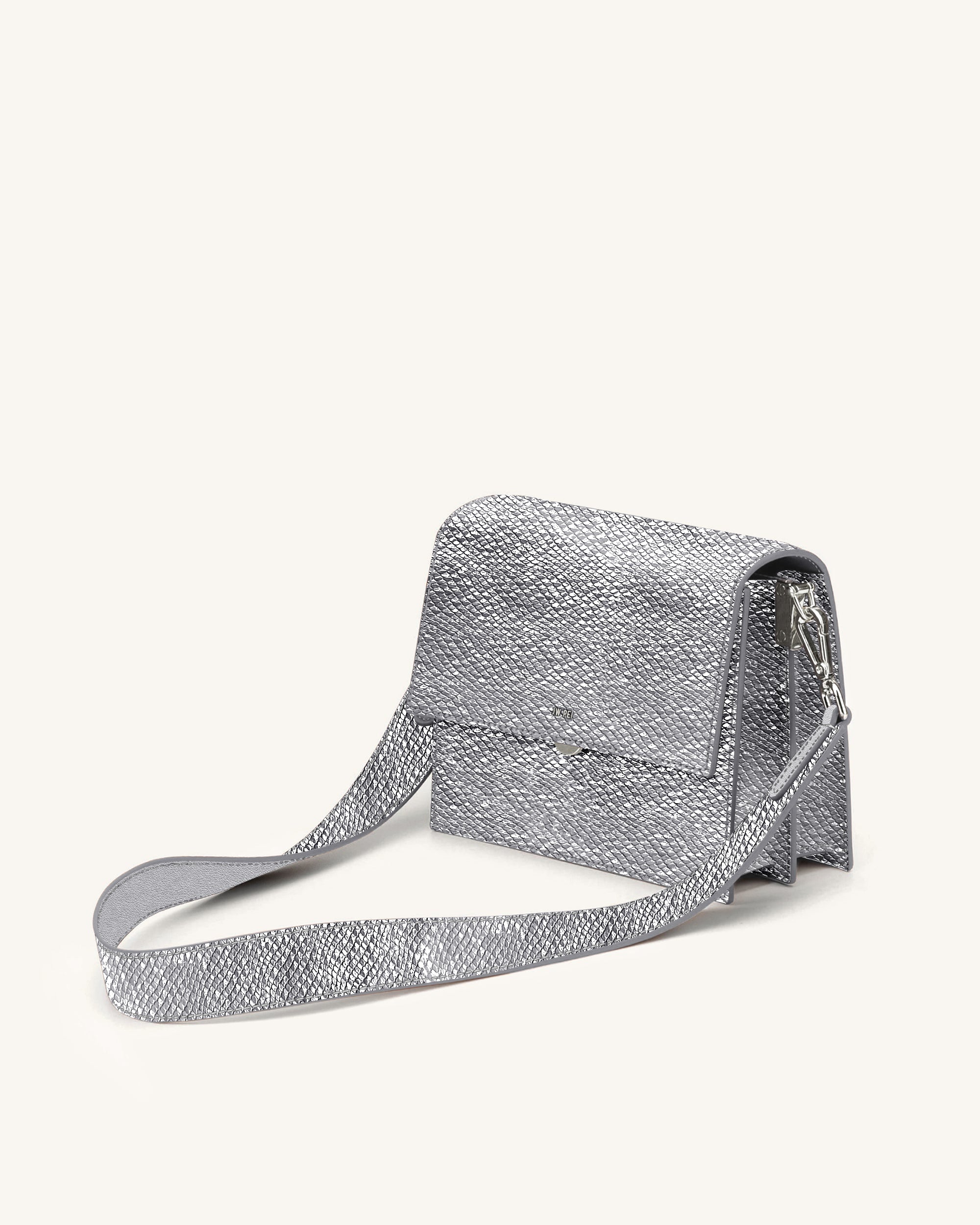 Mini Flap Faux Snake-Effect Crossbody - Silver | JW PEI